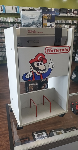 NES Roll Cart - white stand with wheels with nintendo logo and mario o ...